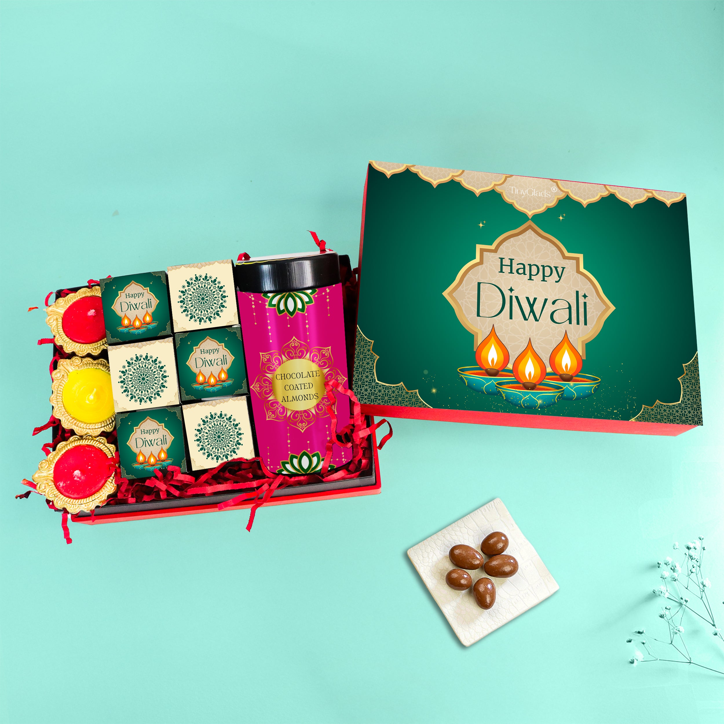 Premium Diwali Gift Box | Chocolate Jar, 6 Truffles & Elegant Diyas ...